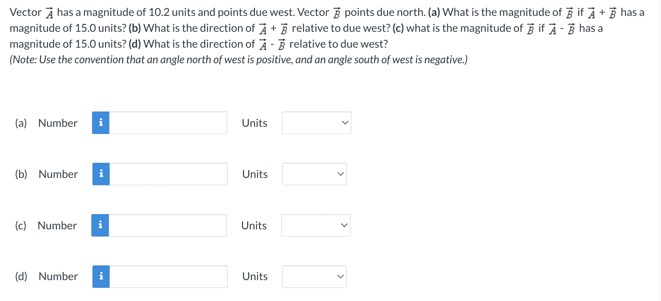 Solved Vector A has a magnitude of 10.2 units and points due | Chegg.com