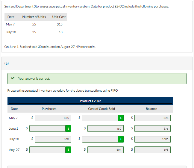 Solved Sunland Department Store uses a perpetual inventory | Chegg.com