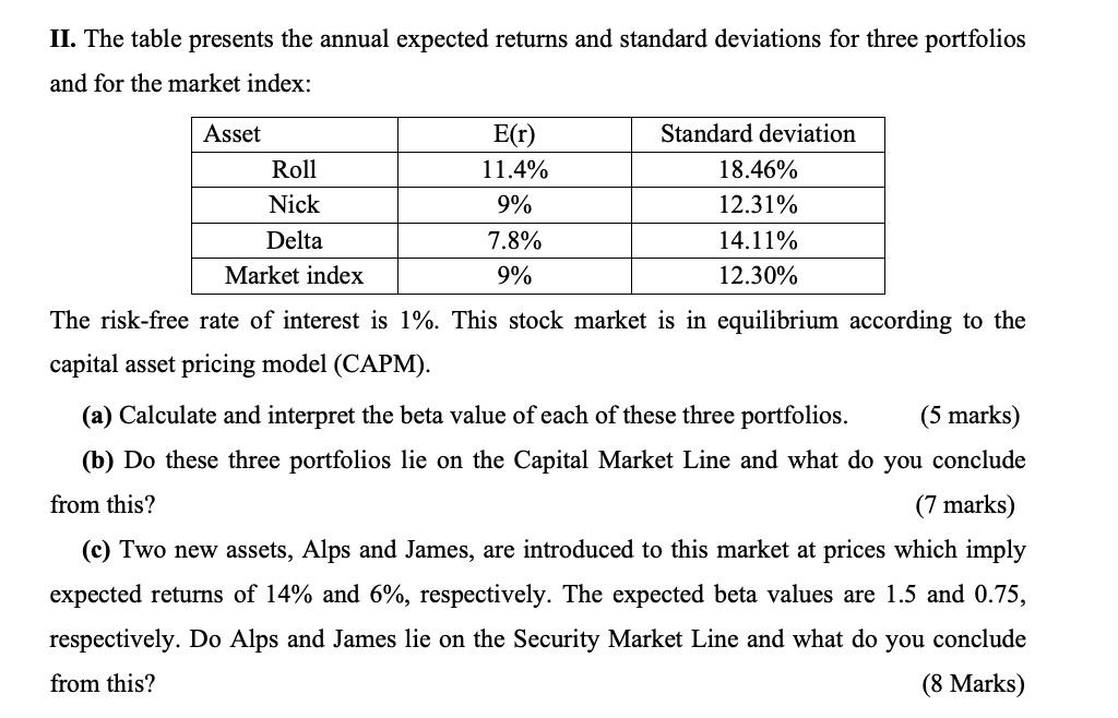 Solved II. The table presents the annual expected returns | Chegg.com