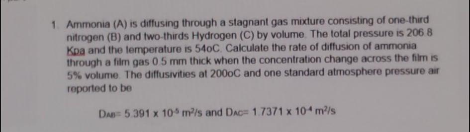Solved 1. Ammonia (A) is diffusing through a stagnant gas | Chegg.com