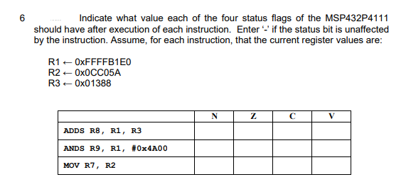 Solved Indicate what value each of the four status flags of | Chegg.com