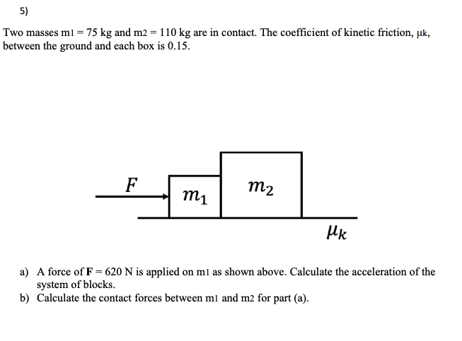 Solved Two masses m1=75 kg and m2=110 kg are in contact. The | Chegg.com