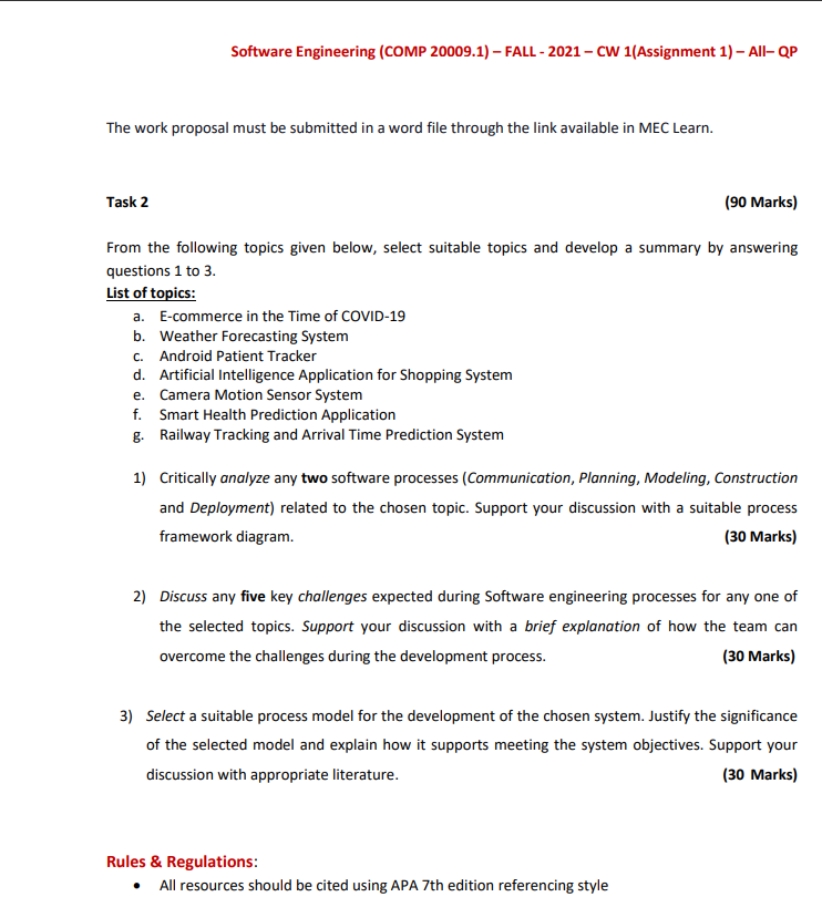 Software Engineering (COMP 20009.1) – FALL - 2021 - | Chegg.com