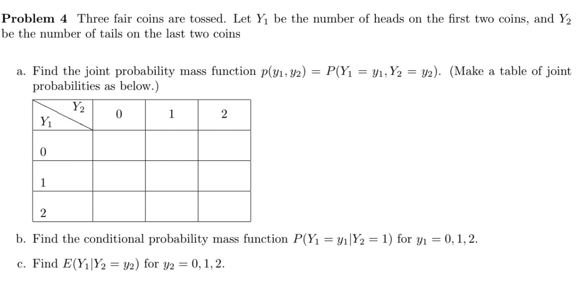 Solved Problem 4 Three fair coins are tossed. Let Y1 be the | Chegg.com