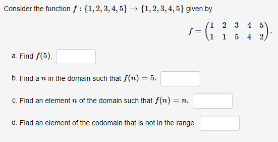 Solved Consider the function f:{1,2,3,4,5}→{1,2,3,4,5} given | Chegg.com