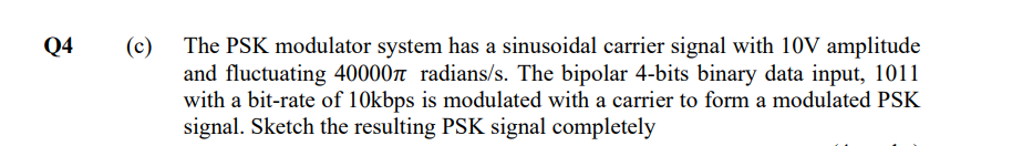 Solved Q4 (c) The PSK modulator system has a sinusoidal | Chegg.com