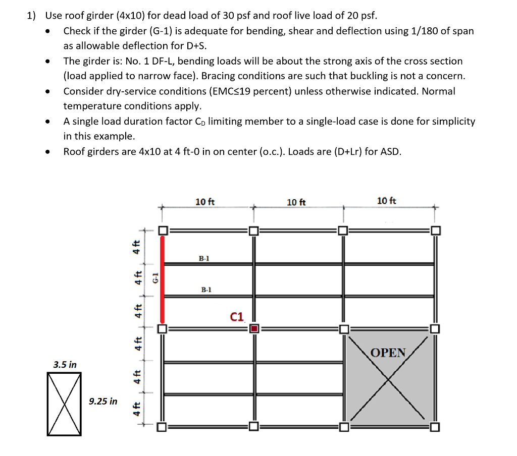 1) Use roof girder (4x10) for dead load of 30 psf and | Chegg.com