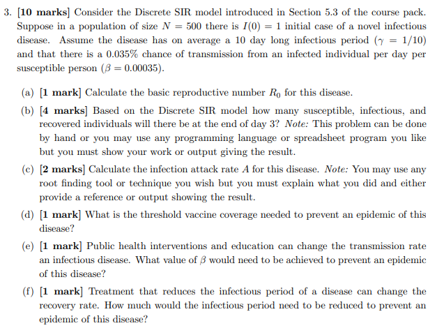 3. [10 marks] Consider the Discrete SIR model | Chegg.com