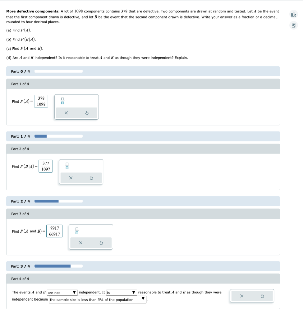 Solved More defective components: A lot of 1098 components | Chegg.com
