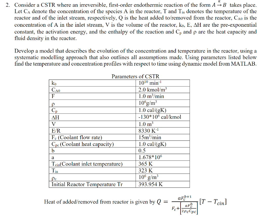 2. Consider a CSTR where an irreversible, first-order | Chegg.com