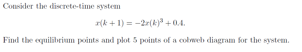Solved Consider the discrete-time system x(k+1)=−2x(k)3+0.4. | Chegg.com