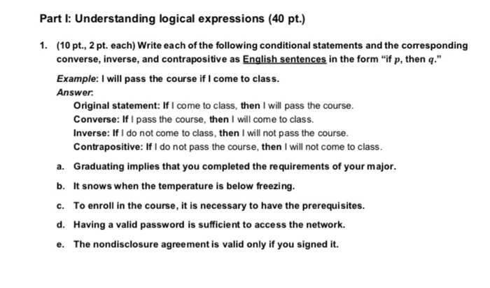 Solved Part I: Understanding logical expressions (40 pt.) 1. | Chegg.com