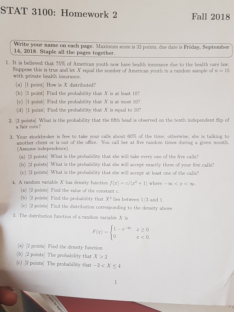 Solved STAT 3100: Homework 2 Fall 2018 rite your name on | Chegg.com