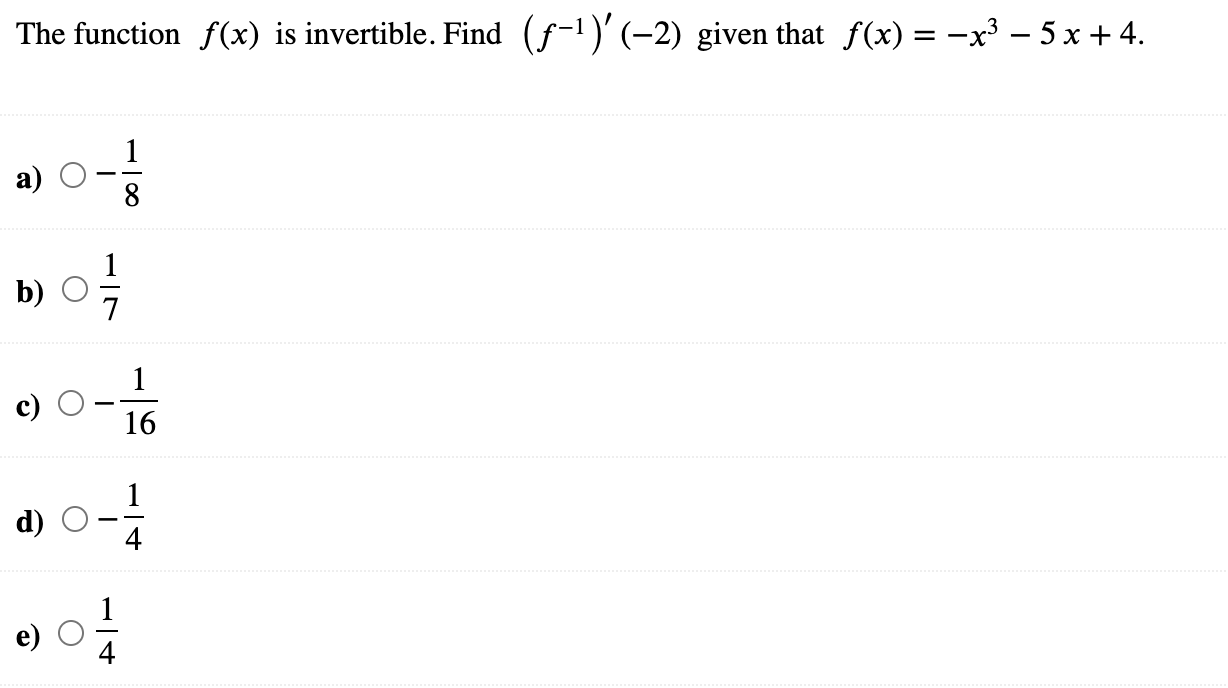 Solved The function f(x) is invertible. Find (f=1)'(-2) | Chegg.com