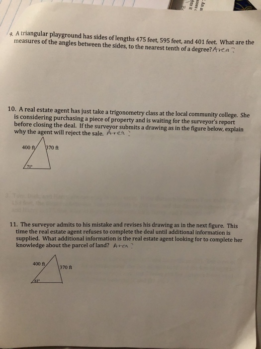 Solved 9. A triangular playground has sides of lengths 475 | Chegg.com