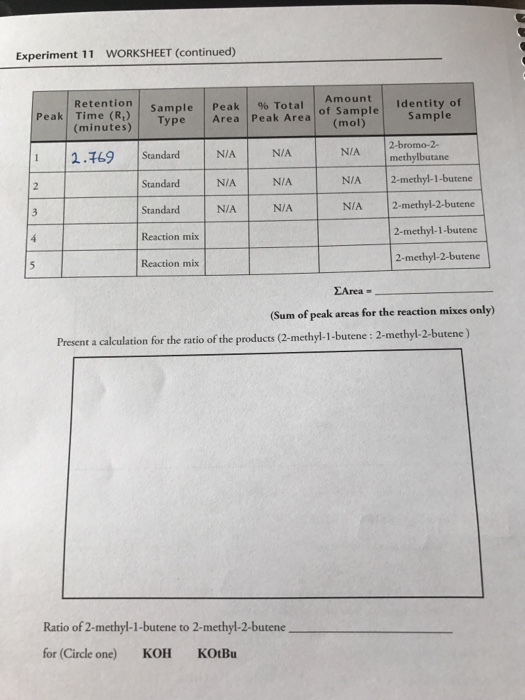 CHEM 232 Experiment 11 Worksheet GC Analysis of | Chegg.com