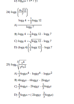 Solved D) loga + y) 24) logs 4V12 7 log8 4 + logg 12 A) log8 | Chegg.com