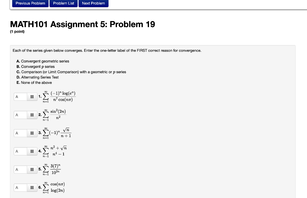 Solved MATH101 Assignment 5: Problem 19 (1 point) Each of | Chegg.com