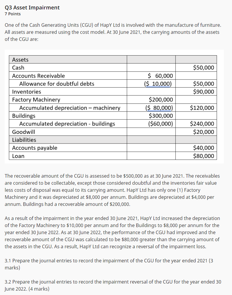 Solved Q3 Asset Impairment 7 Points One of the Cash | Chegg.com