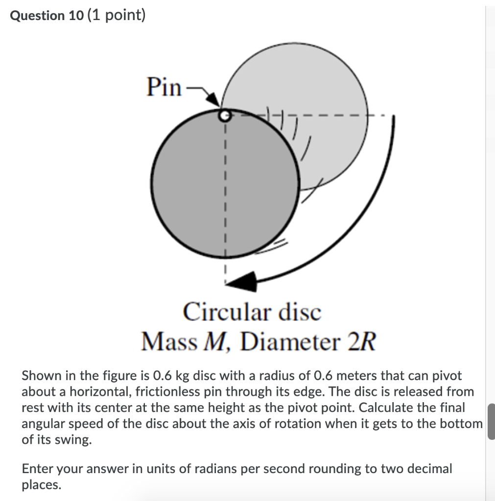 Solved Question 10 (1 point) Pin Circular disc Mass M, | Chegg.com