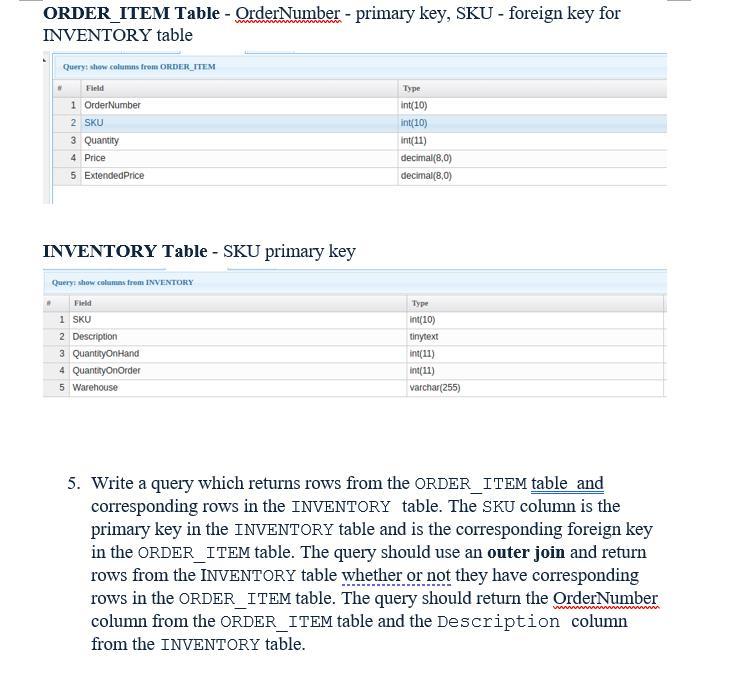 Solved ORDER_ITEM Table - OrderNumber - primary key, SKU - | Chegg.com