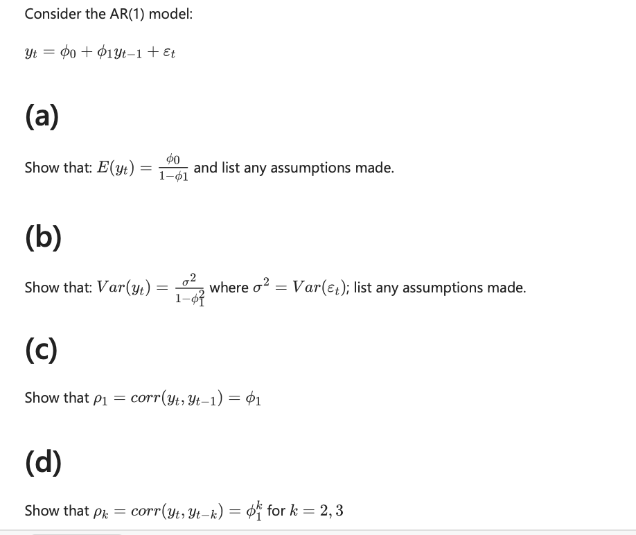 Solved Consider the AR(1) model: yt = 0o + oiyt-1 + Et (a) | Chegg.com