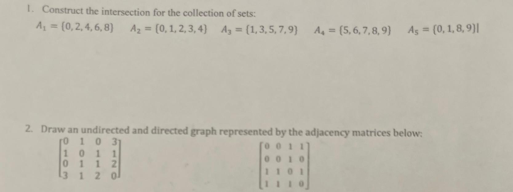 Solved 1. Construct the intersection for the collection of | Chegg.com