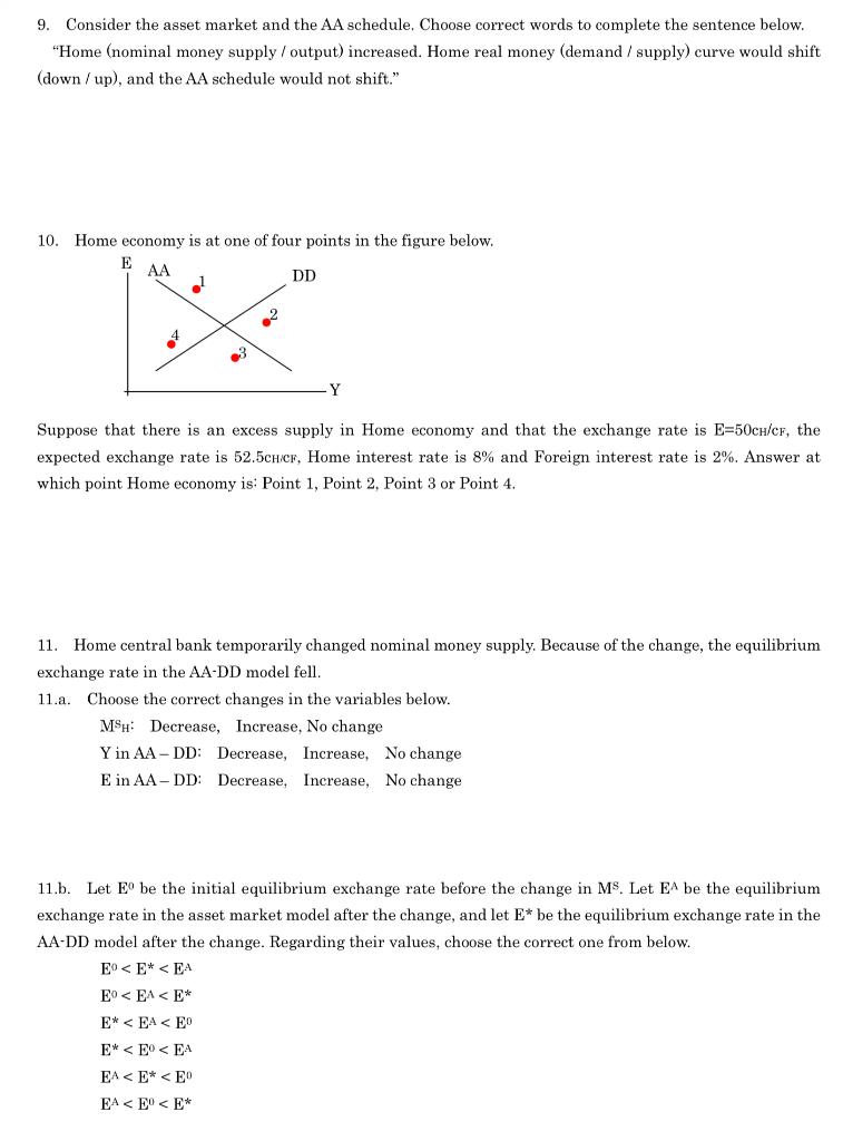 Solved 9. Consider the asset market and the AA schedule. | Chegg.com