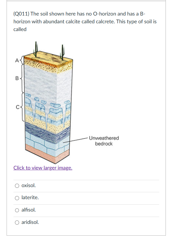 Solved (Q011) The soil shown here has no O-horizon and has a | Chegg.com