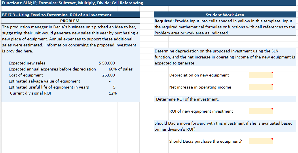 Solved Functions: SLN; IF; Formulas: Subtract, Multiply, | Chegg.com