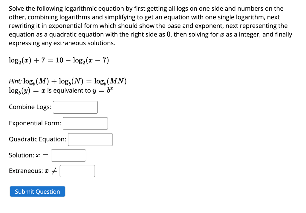 Solved Solve the following logarithmic equation by first | Chegg.com