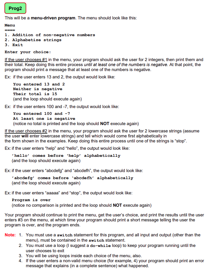 Solved Prog2 This will be a menu-driven program. The menu | Chegg.com