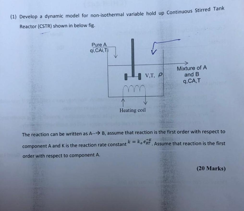 Solved (1) Develop a dynamic model for non-isothermal | Chegg.com