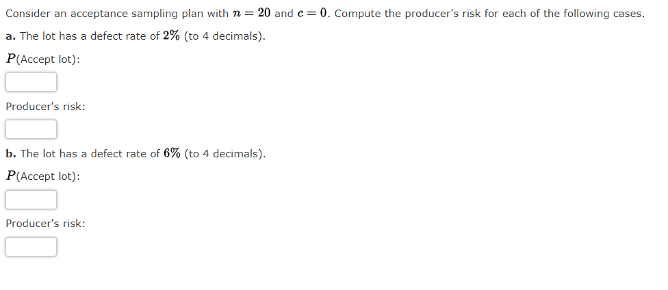 Solved Consider an acceptance sampling plan with n = 20 and | Chegg.com