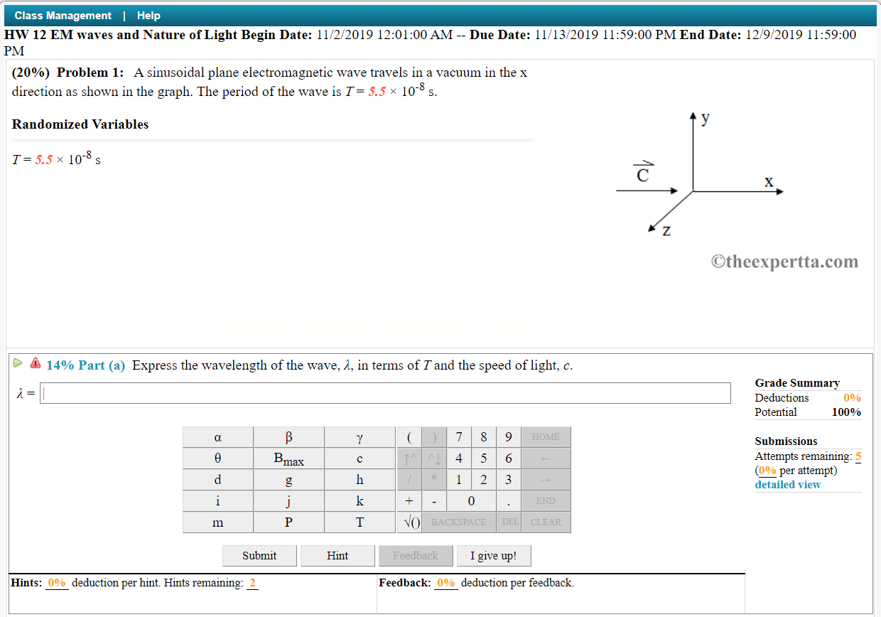Solved Class Management Help HW 12 EM waves and Nature of | Chegg.com