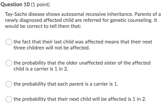 Solved Question 10 (1 point) Tay-Sachs disease shows | Chegg.com