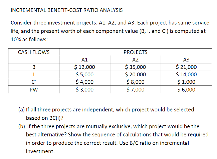 Solved INCREMENTAL BENEFIT-COST RATIO ANALYSIS Consider | Chegg.com