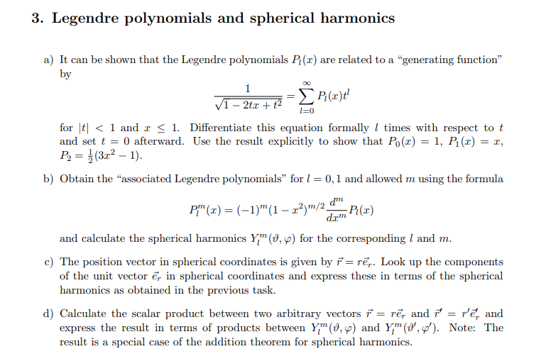 3. Legendre polynomials and spherical harmonics a) It | Chegg.com