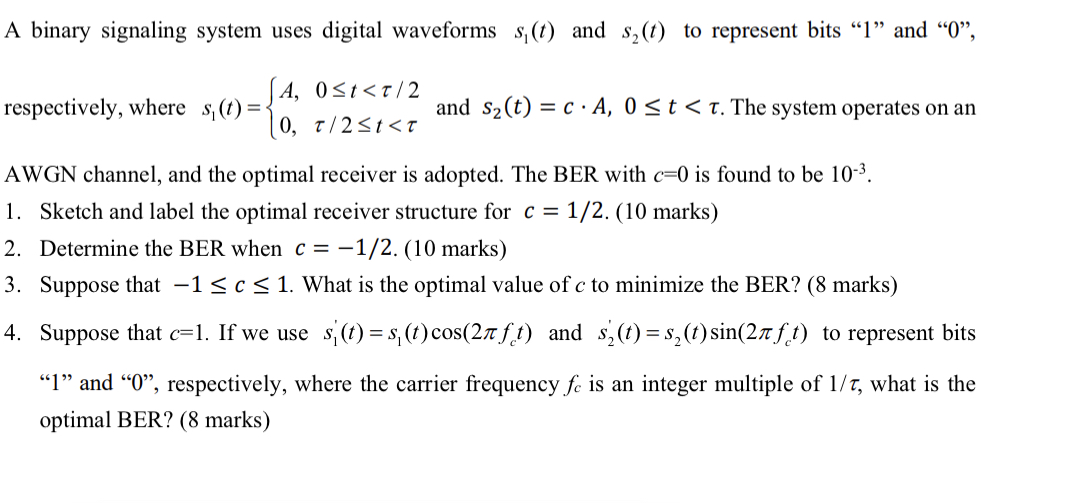 Solved A binary signaling system uses digital waveforms | Chegg.com