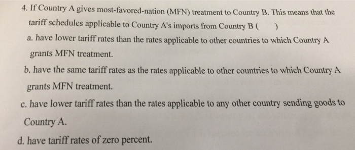 Solved 4. If Country A gives most-favored-nation (MFN) | Chegg.com