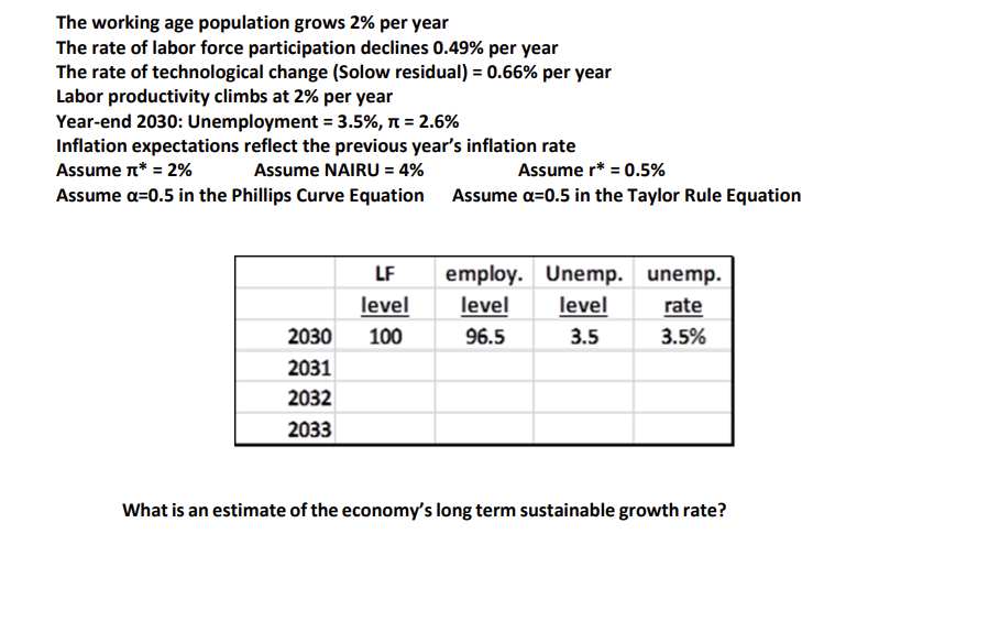 The working age population grows 2% per year The rate | Chegg.com