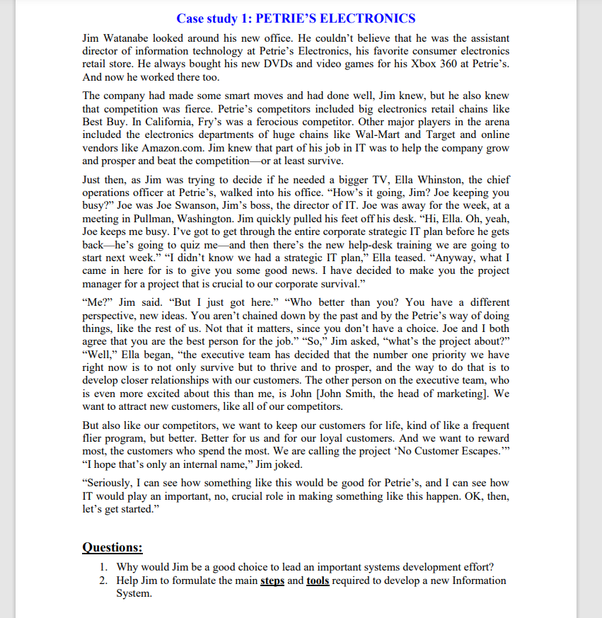 Solved Case study 1: PETRIE'S ELECTRONICS Jim Watanabe | Chegg.com