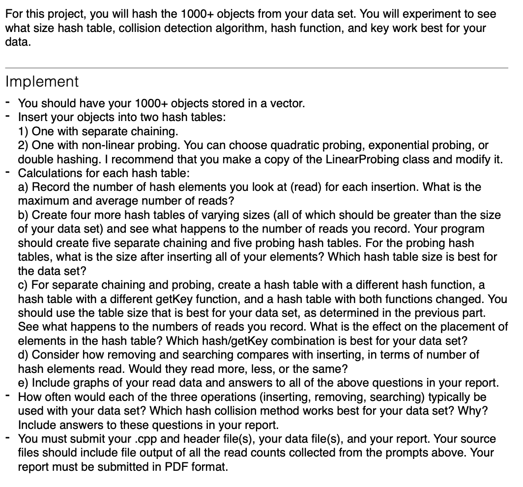 For this project, you will hash the 1000+ objects | Chegg.com