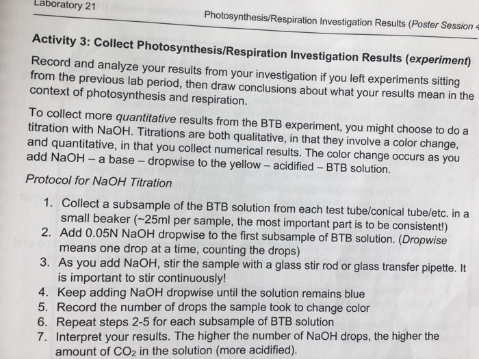 Laboratory 21 Photosynthesis/Respiration | Chegg.com