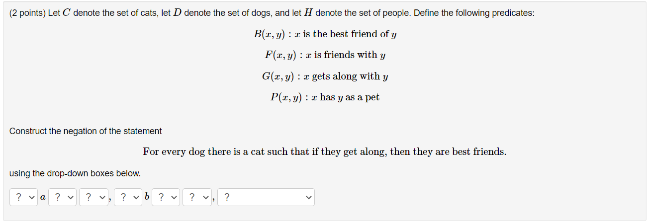 (2 points) Let C denote the set of cats, let D denote | Chegg.com (2 points) Let C denote the set of cats, let D denote | Chegg.com