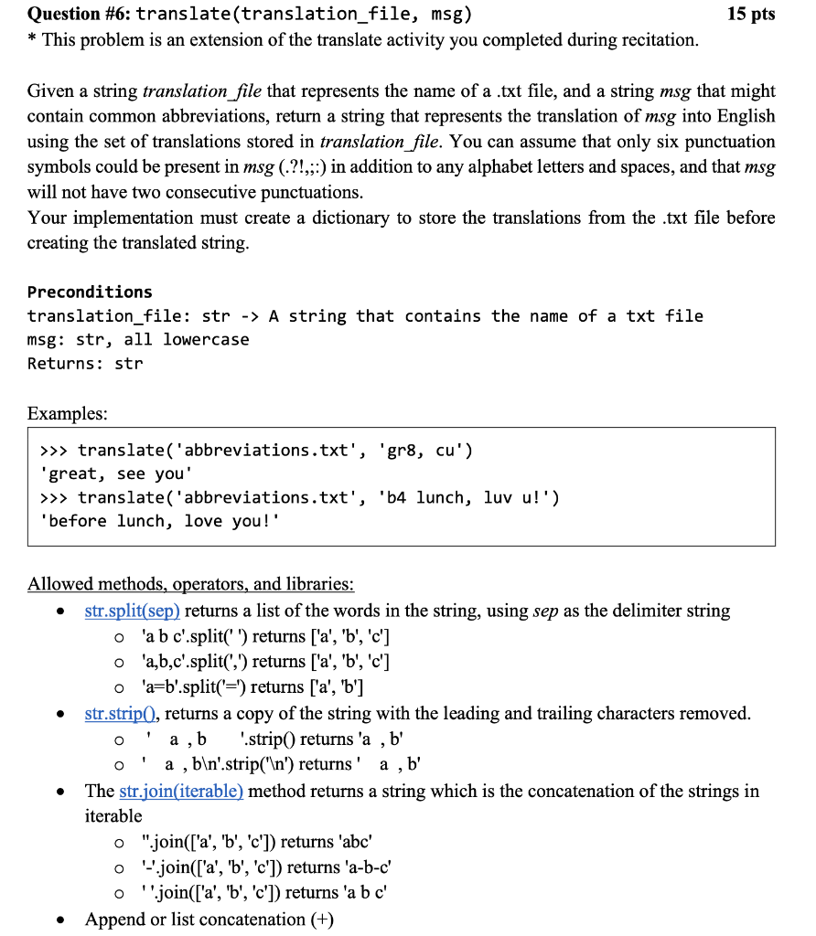 Solved Given a string translation_file that represents the | Chegg.com
