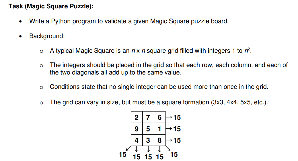 Task (Magic Square Puzzle): . Write a Python program | Chegg.com