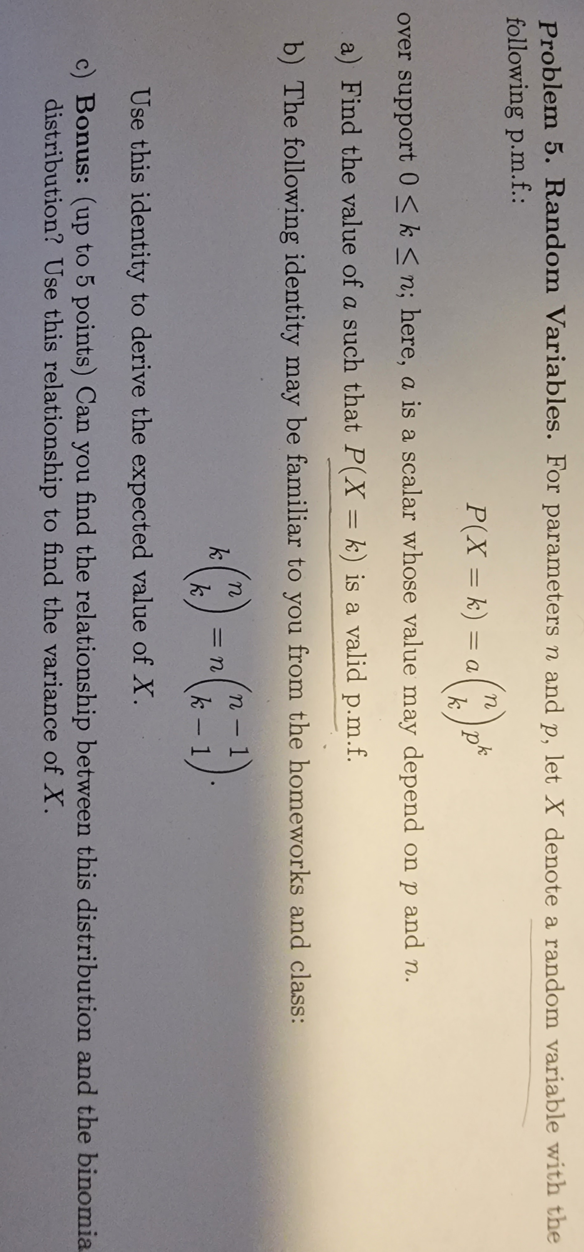 Solved Problem 5. Random Variables. For parameters n and p, | Chegg.com