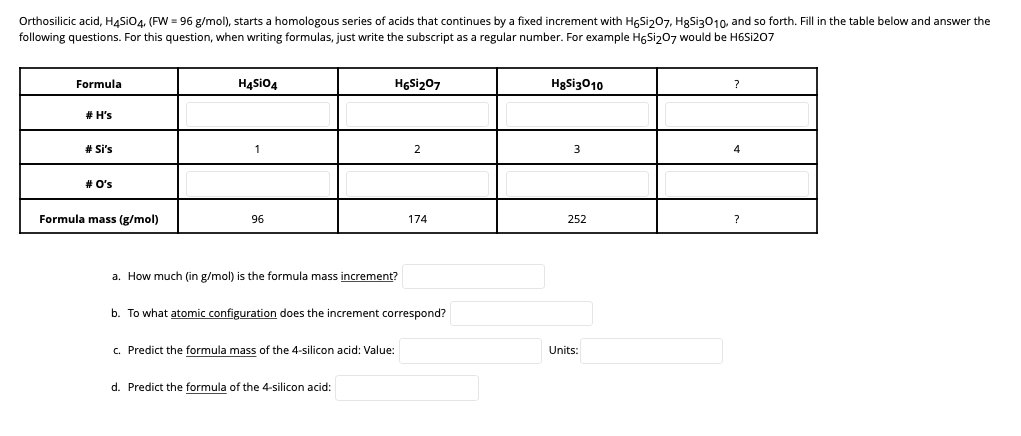 Solved Orthosilicic acid, H4SiO4, (FW = 96 g/mol), starts a | Chegg.com