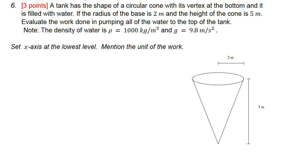 Solved 6. [3 points] A tank has the shape of a circular cone | Chegg.com